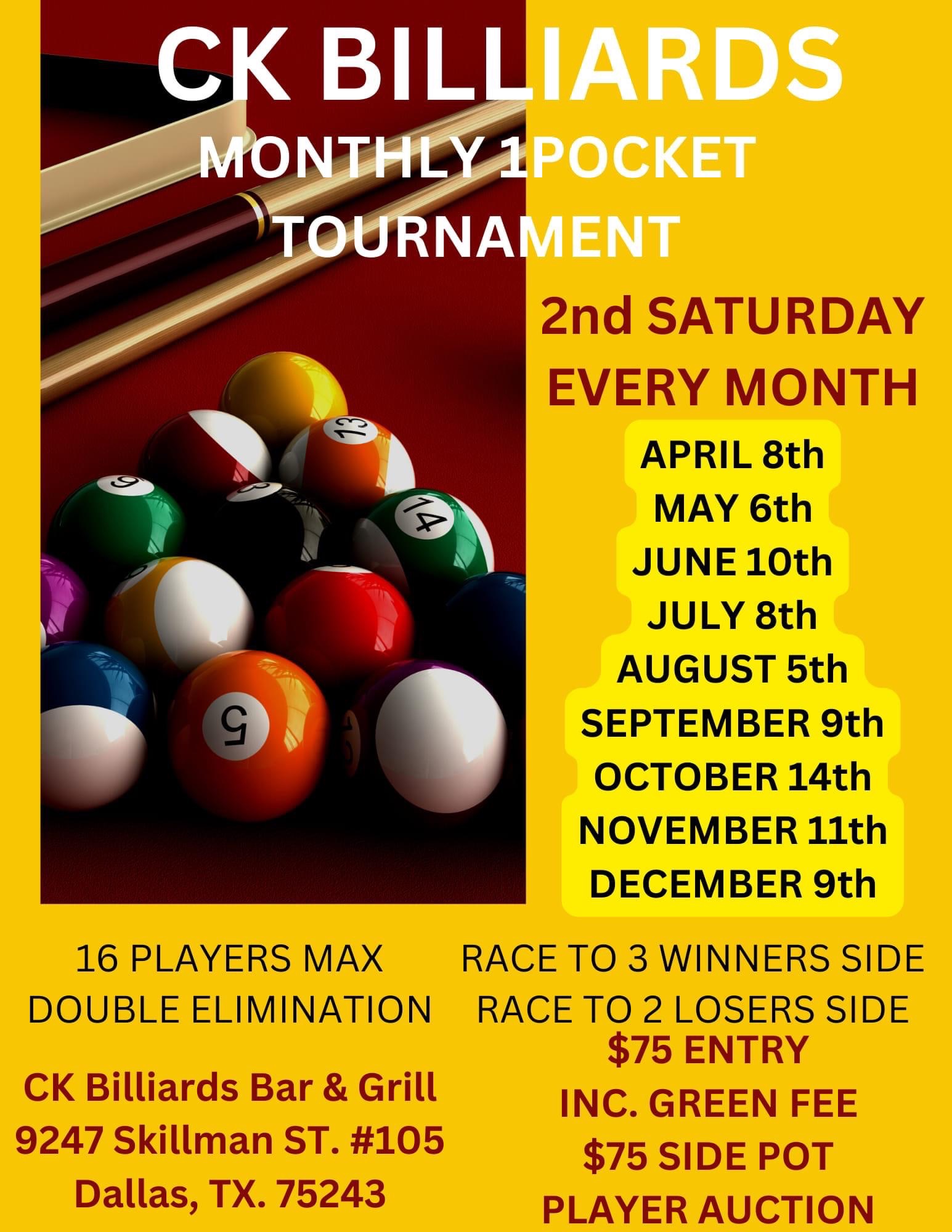CK Billiards Monthly One Pocket